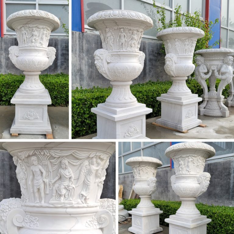 Hand Carved White Marble Planter for Garden