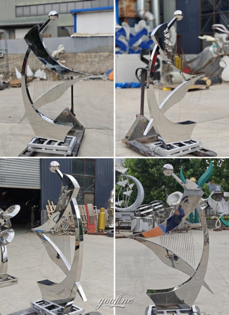Garden Stainless Steel Harp Sculpture Water Fountain