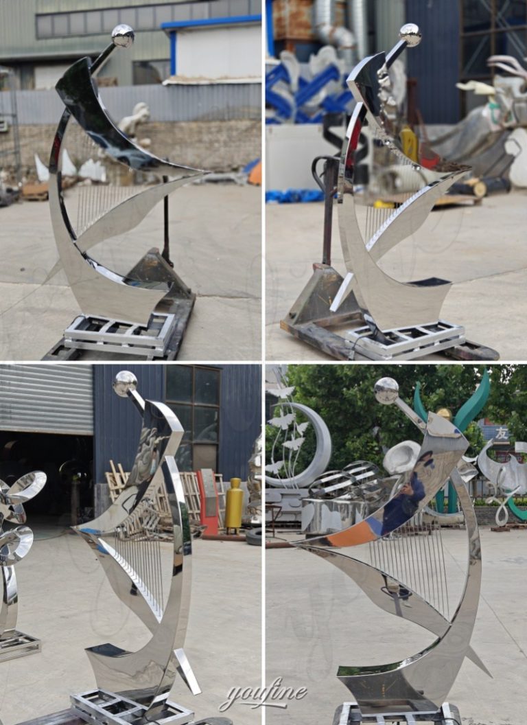 Garden Stainless Steel Harp Sculpture Water Fountain