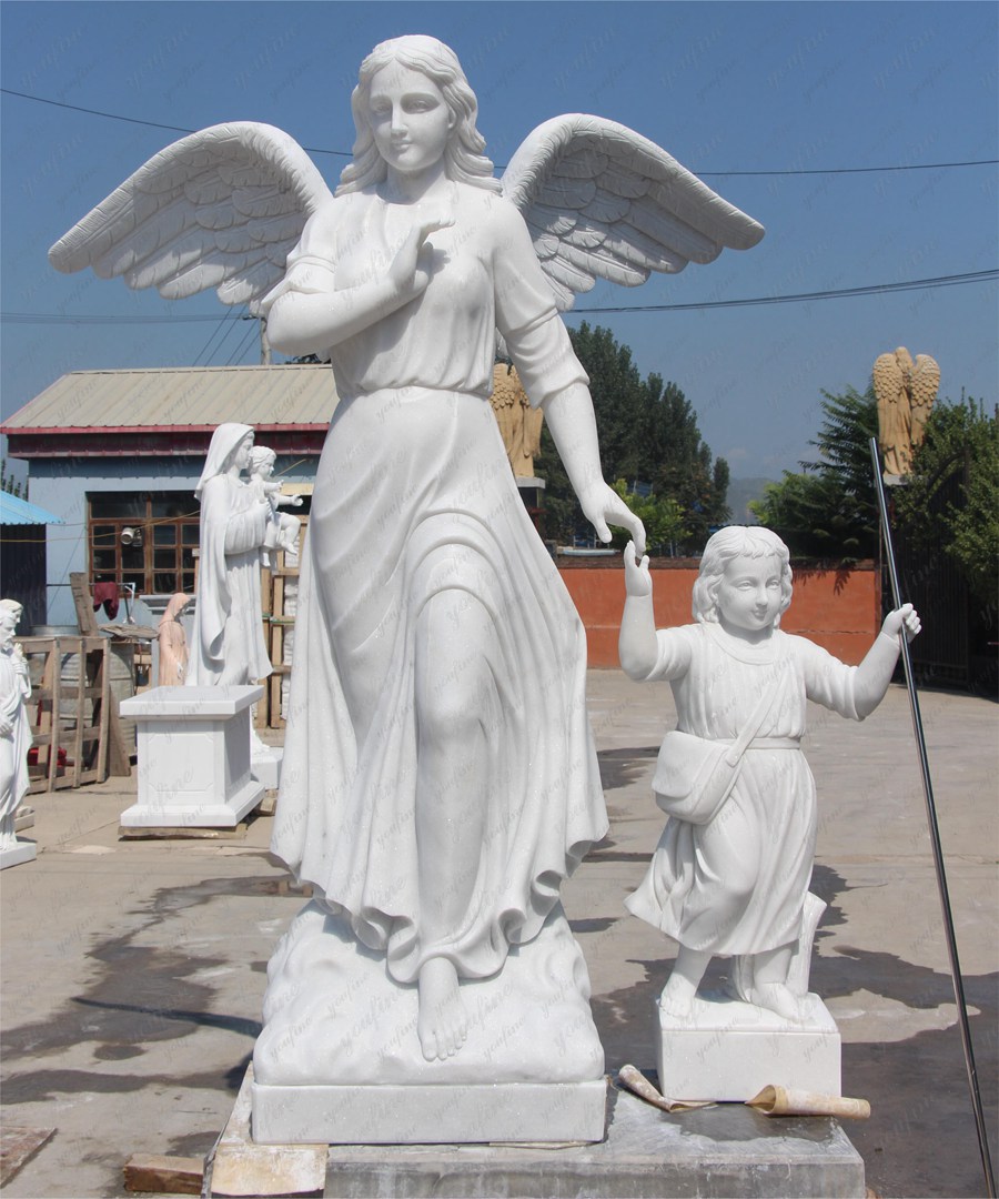 Hand Carved White Marble Angel Statue with Child - YouFine