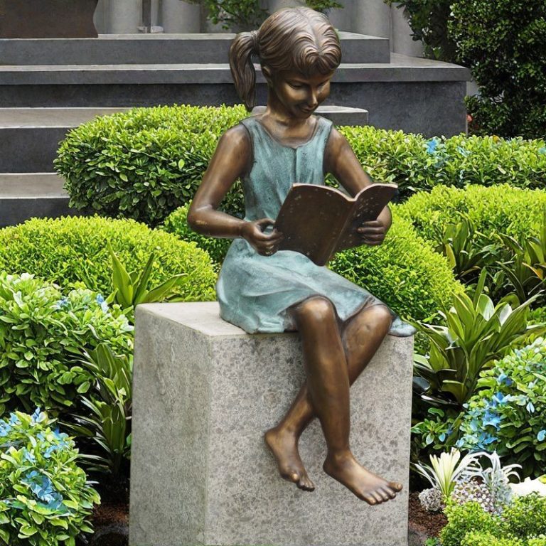 Bronze Garden Statue Girl Reading Book