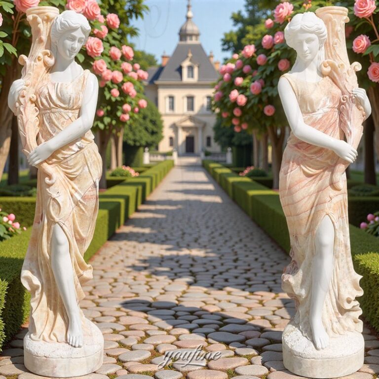 Pair of Marble Garden Lady Statue Holding Lamp
